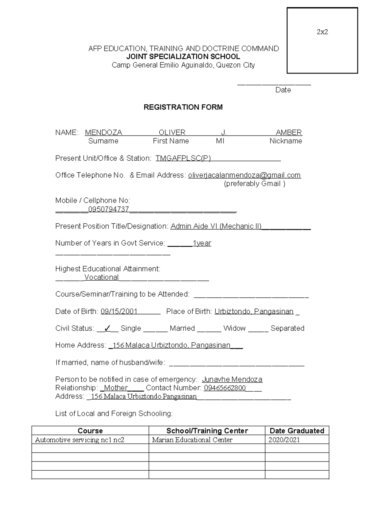 Registration Form - 2x2 AFP Education & Training Command - Studocu