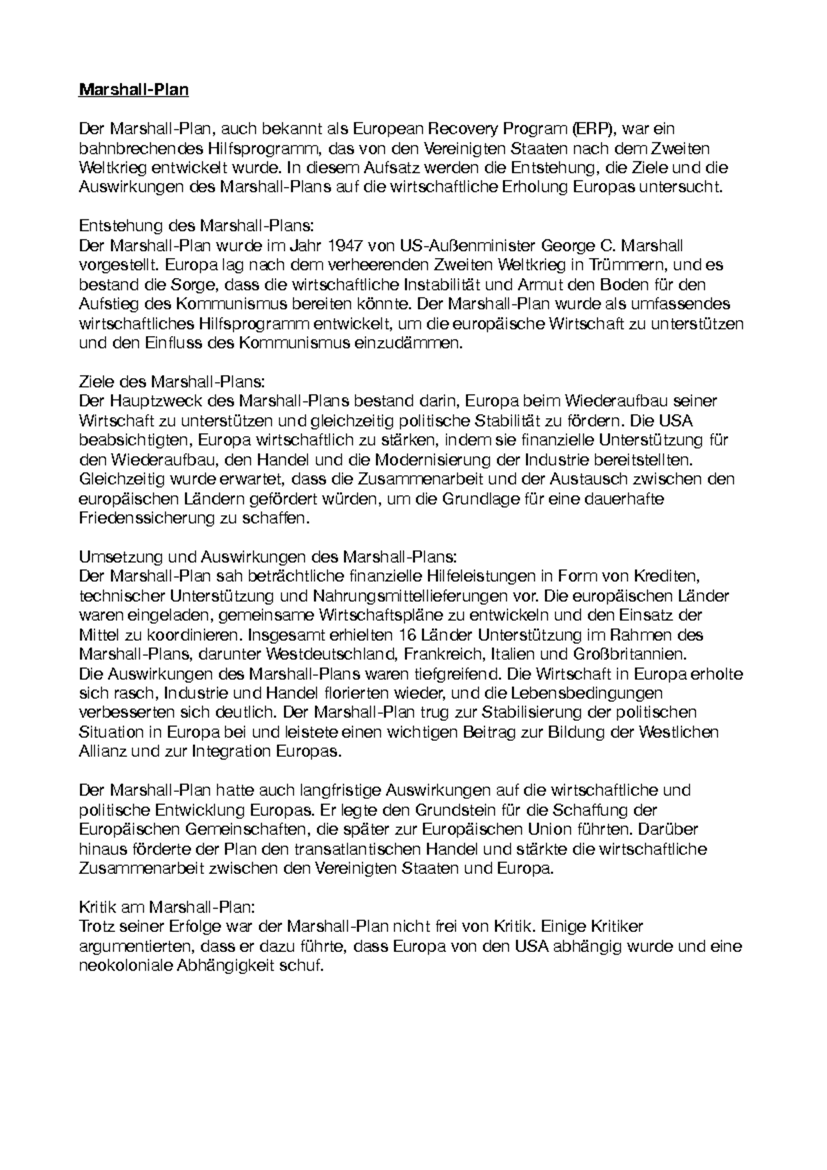 Marshall-Plan - Leistungskurs Zusammenfassung und Analyse - Studocu