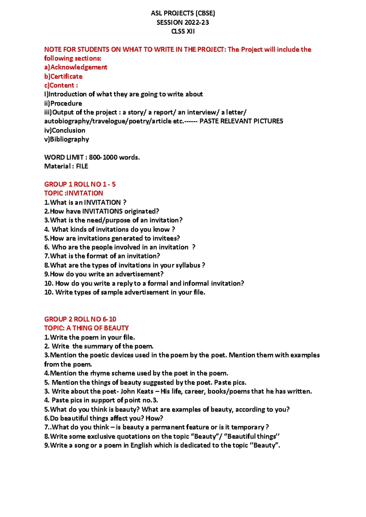 CL XII ASL Projects: Guidelines and Topics for Students - Studocu