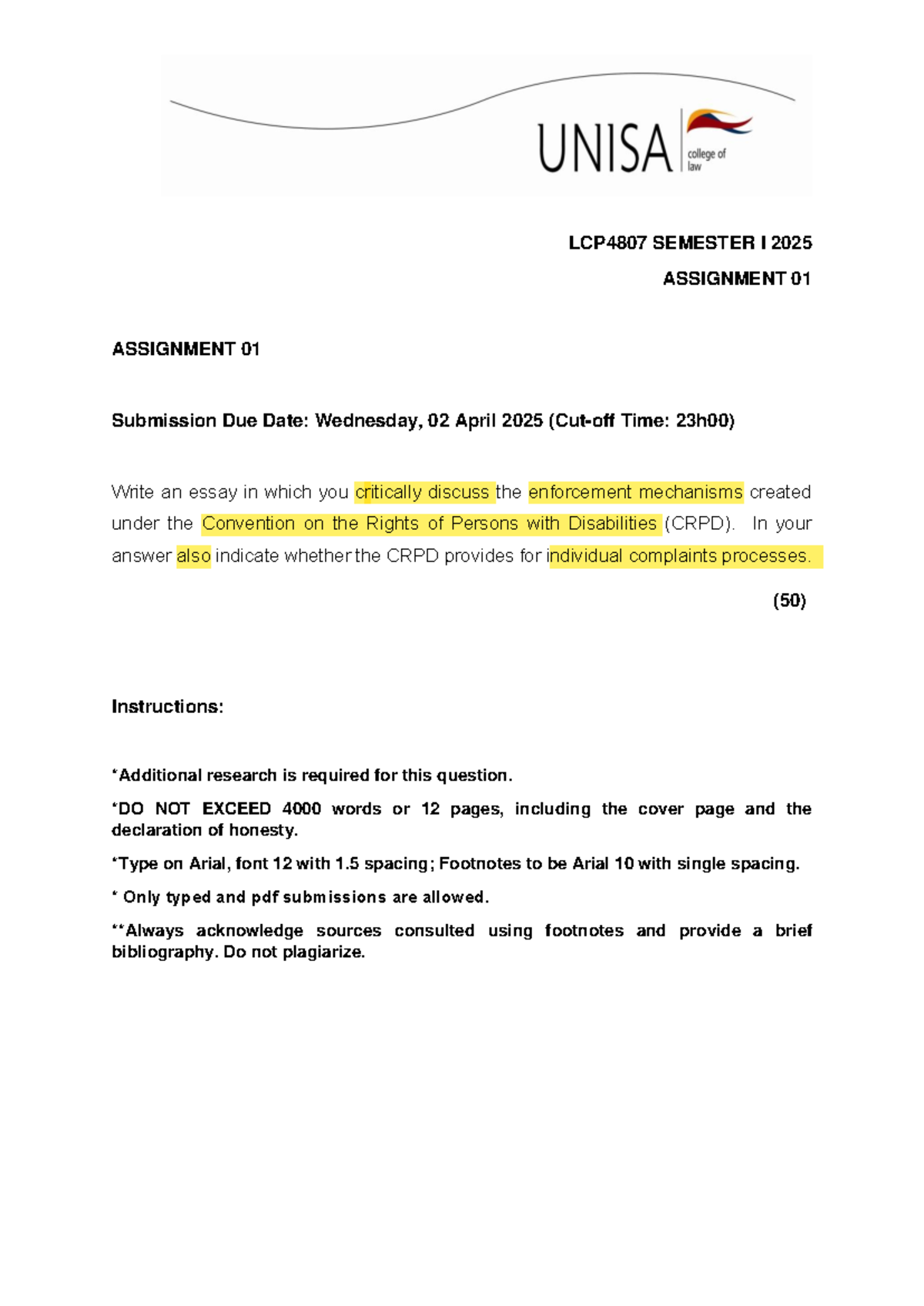 LCP4807 Semester 1 2025 Assignment 01: CRPD Enforcement Mechanisms Essay - Studocu