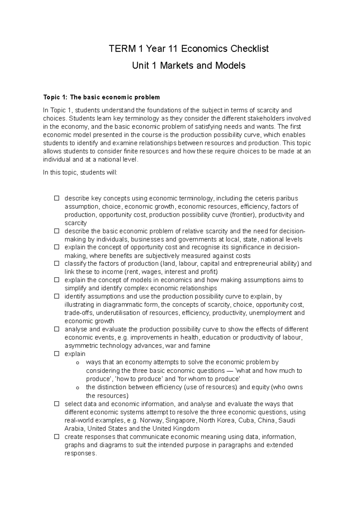 Term 1 Year 11 Economics Checklist - TERM 1 Year 11 Economics Checklist ...