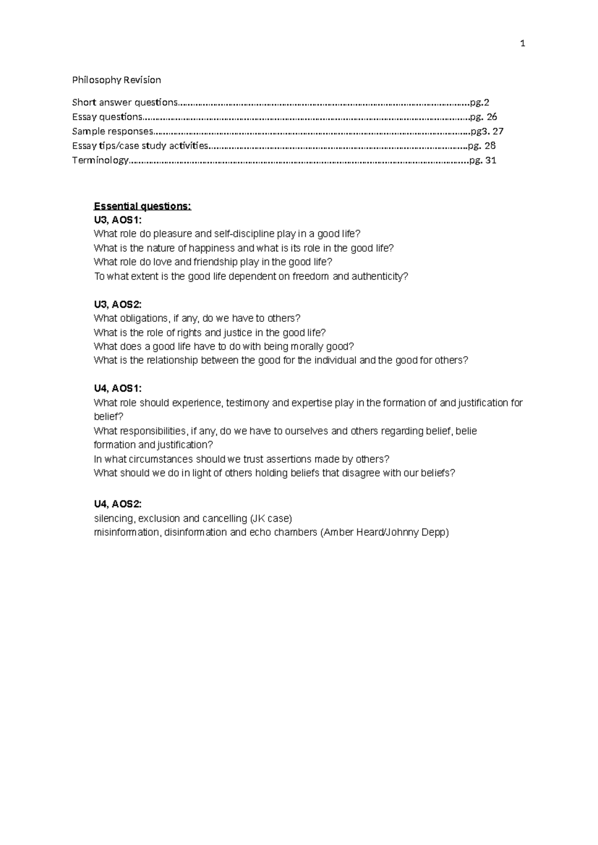 Philosophy Revision Notes: U3 & U4 Short Answer Essay Guide - Studocu