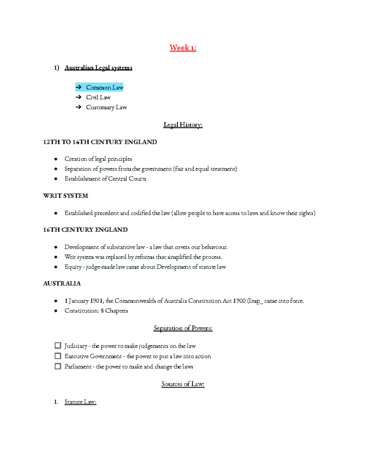 B&C Law W1 - Week 1 Notes on Legal Systems and History - Studocu