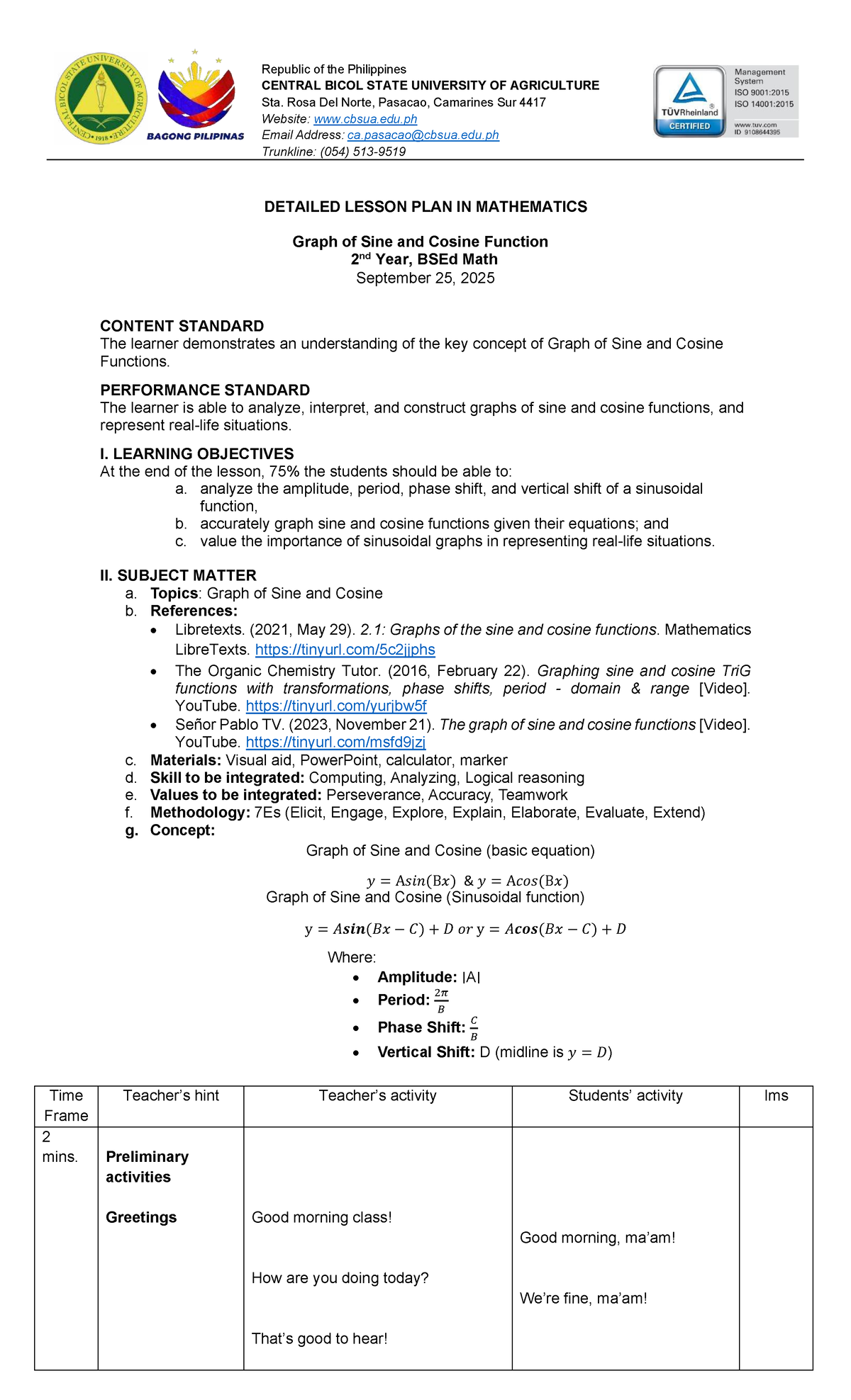 Detailed Lesson Plan: Graph of Sine and Cosine Functions (BSEd Math 2nd Year) - Studocu