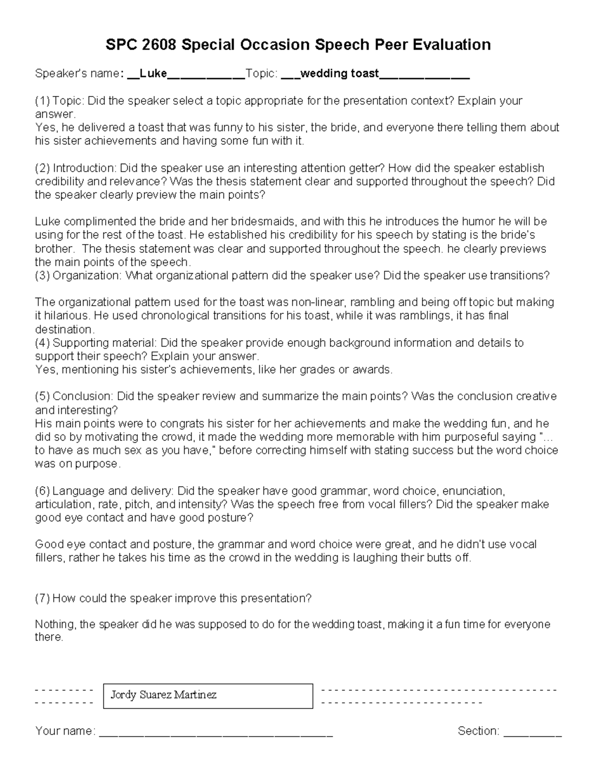 SPC 2608 Special Occasion Speech Peer Evaluation (1) jsm - SPC 2608 ...