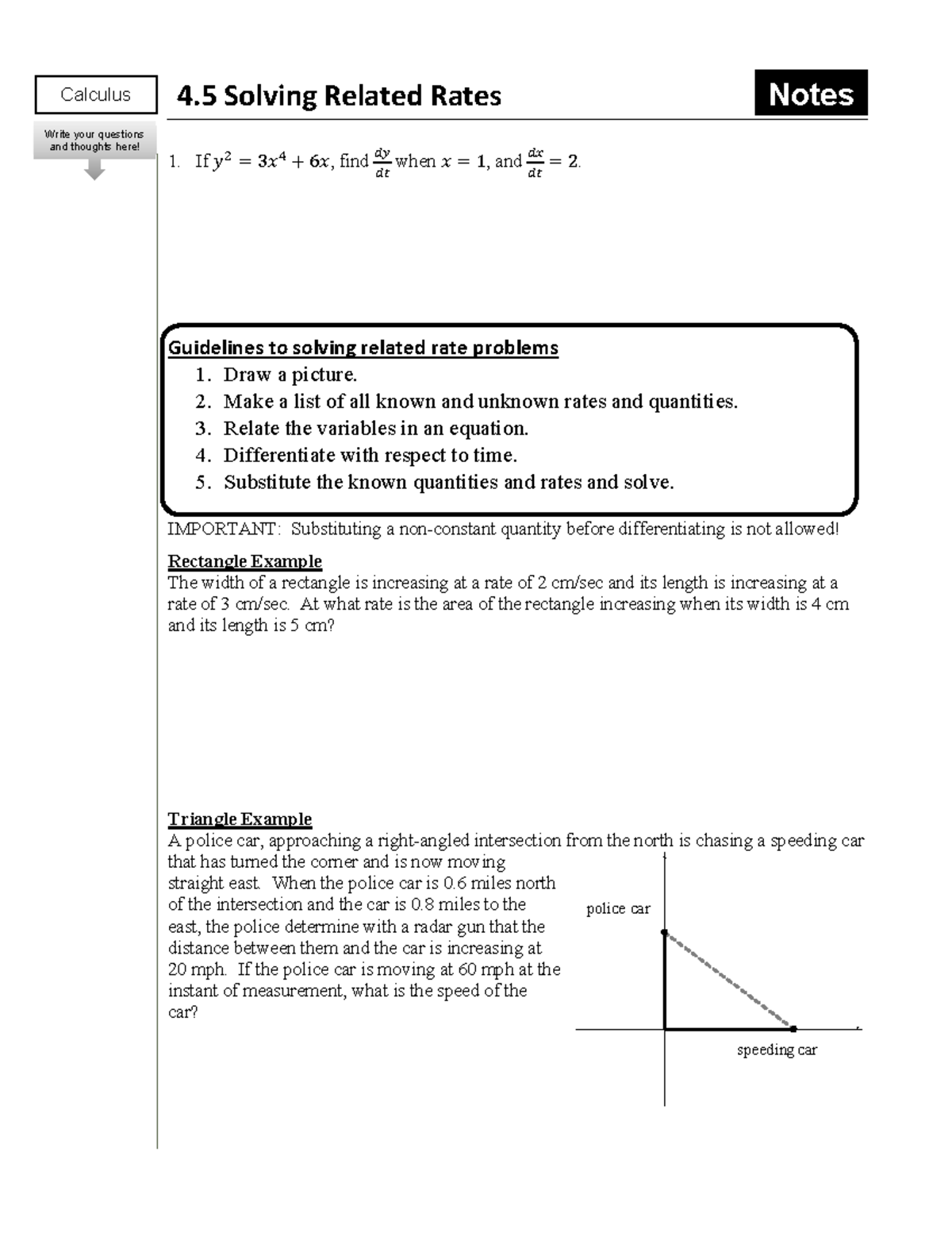 Calculus 1: Notes on Solving Related Rates (4.5) - Studocu