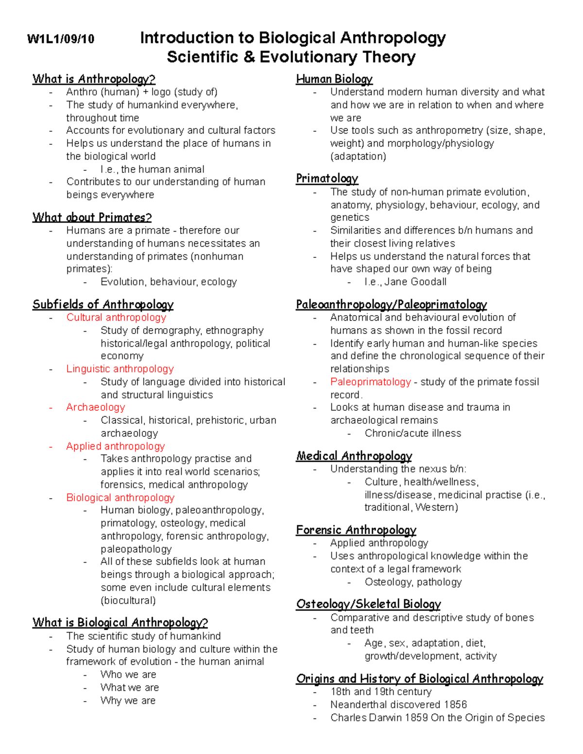ANTH1120 Lecture Notes: Introduction to Biological Anthropology - Studocu