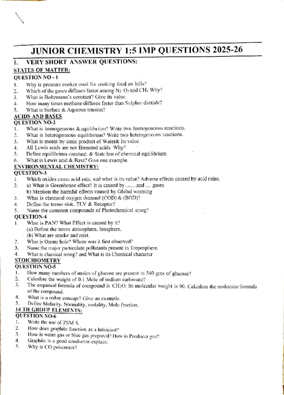 JUNIOR CHEMISTRY 1:5 IMP QUESTIONS ON STATES OF MATTER AND MORE - Studocu