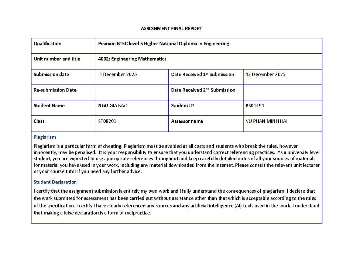 BTEC Level 5 HND Engineering Assignment Final Report 4002: Math ...