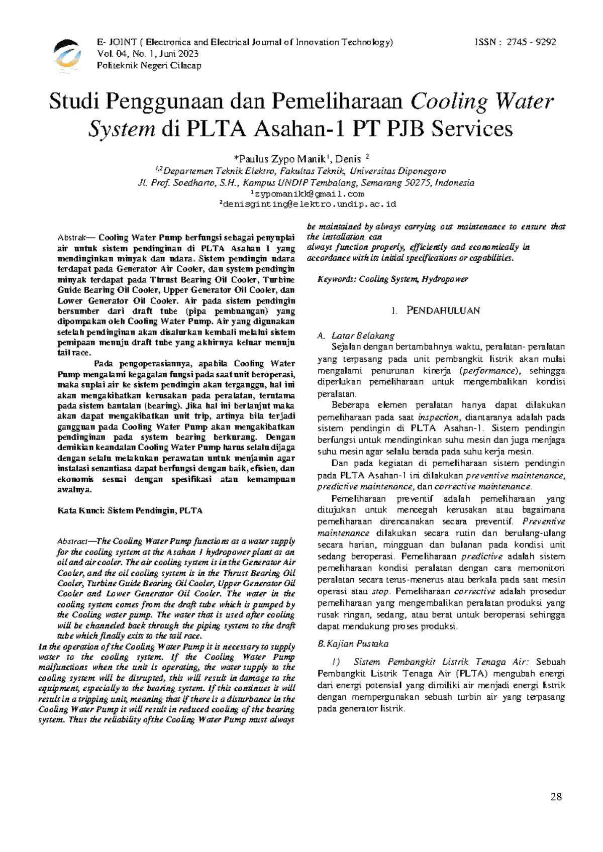 Studi Pemeliharaan dan Fungsi Sistem Pendingin di PLTA PT PJB (Juni ...