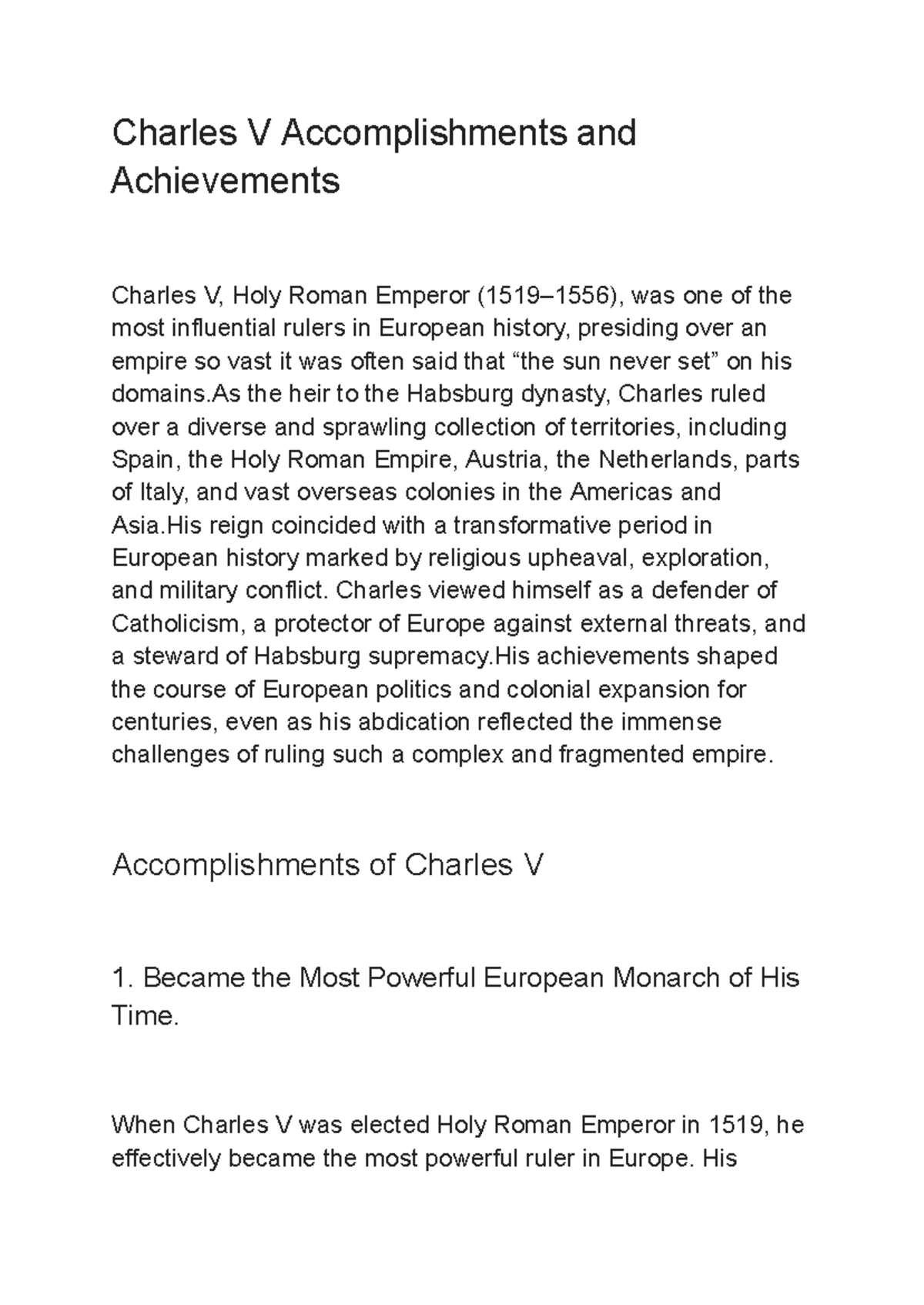 Charles V's Major Accomplishments and Achievements - Studocu