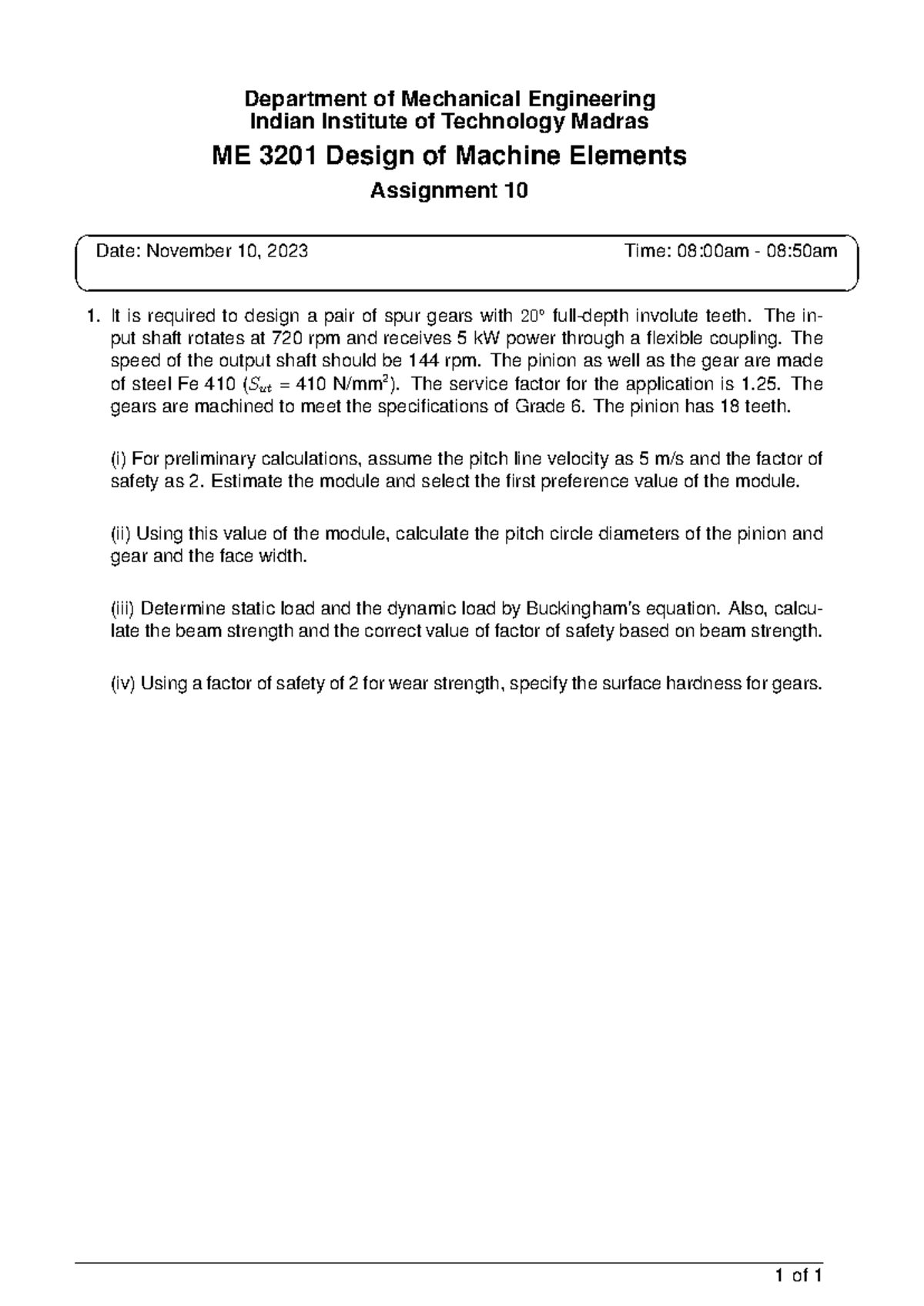 ME3201 Tutorial 10 - Assignment - Department of Mechanical Engineering ...