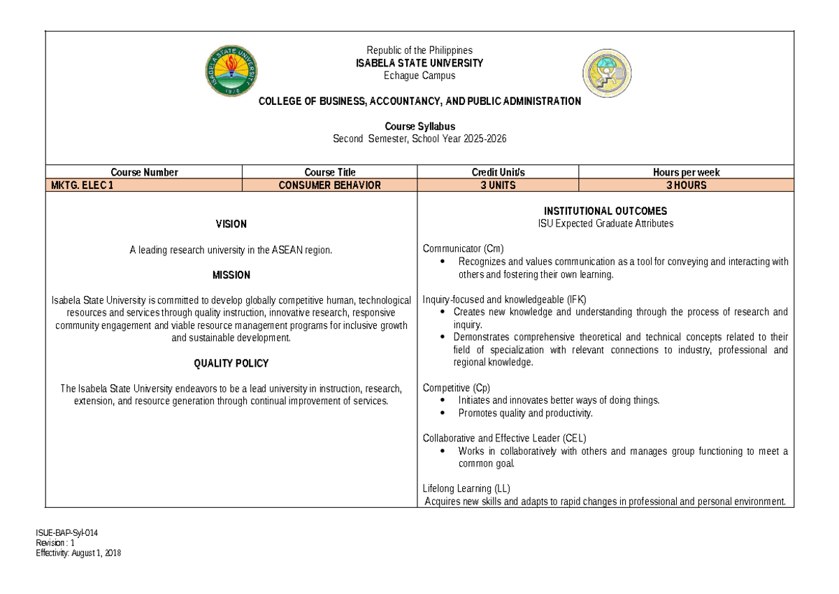 MKTG. ELEC 1: Consumer Behavior Course Syllabus - Second Semester - Studocu