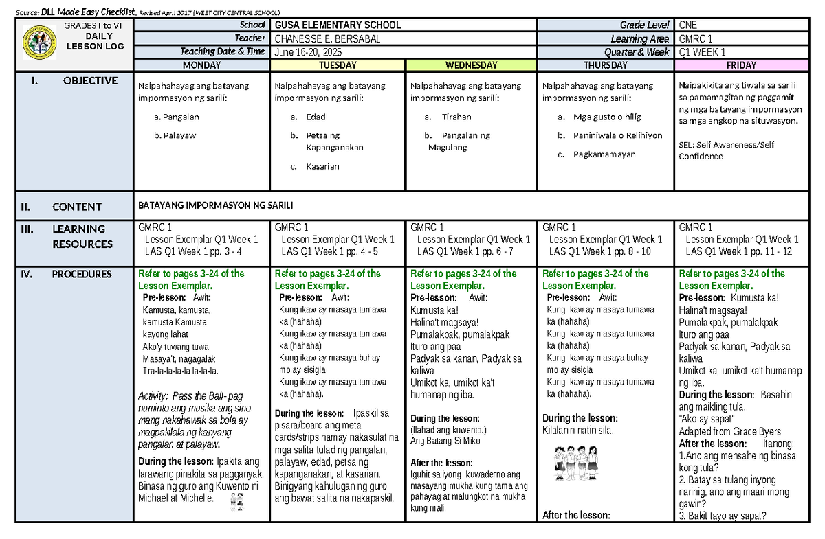 DLL Q1 Week 1 GMRC - Daily Lesson Log for Grade 1 - Studocu