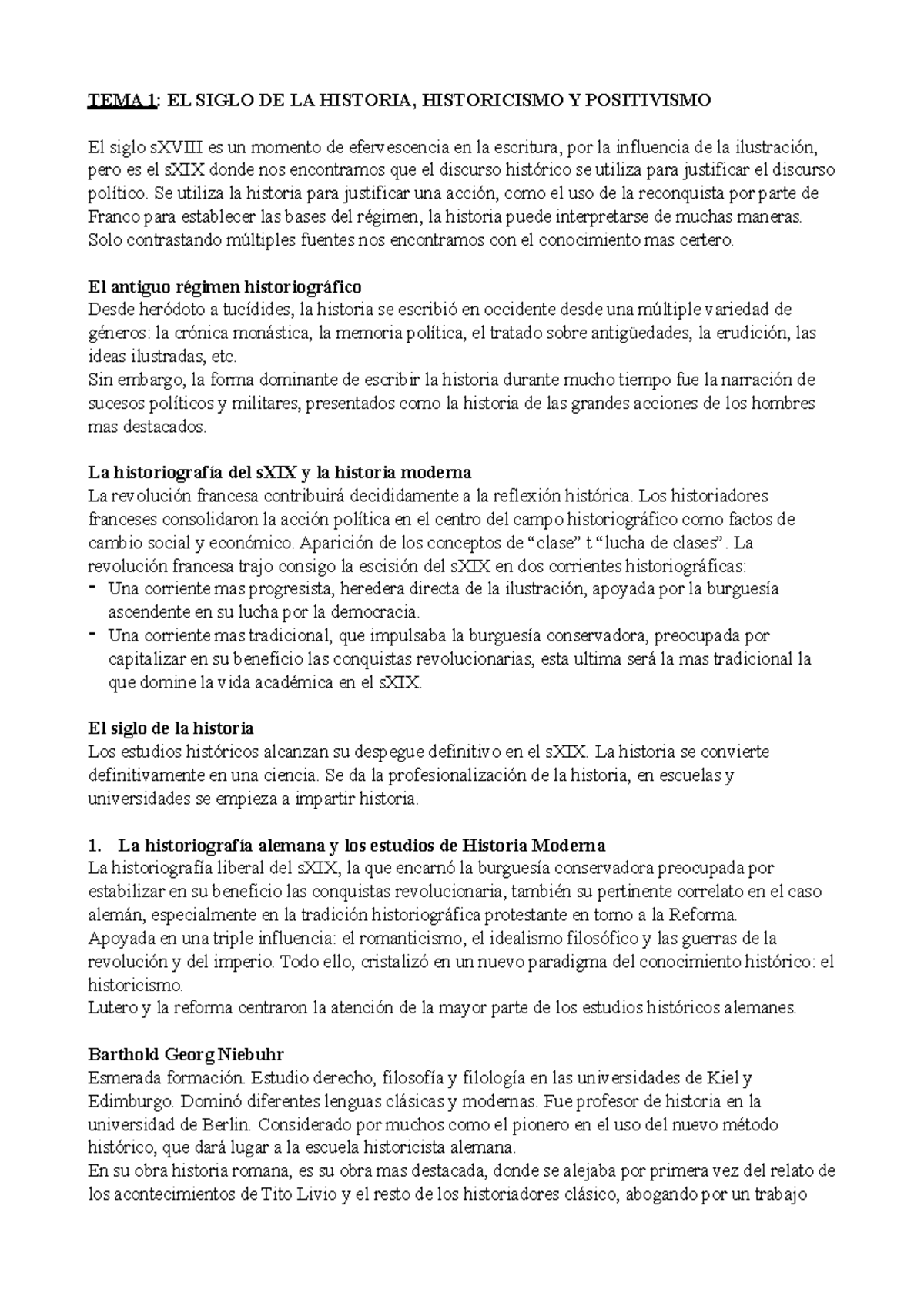 TEMA 1: HISTORICISMO Y POSITIVISMO EN EL SIGLO XIX - Studocu