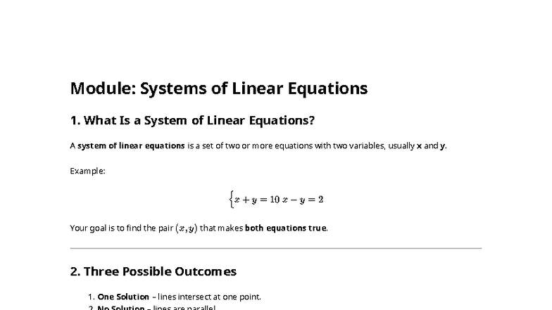 Systems of Linear Equations Module: Understanding Solutions and Methods ...