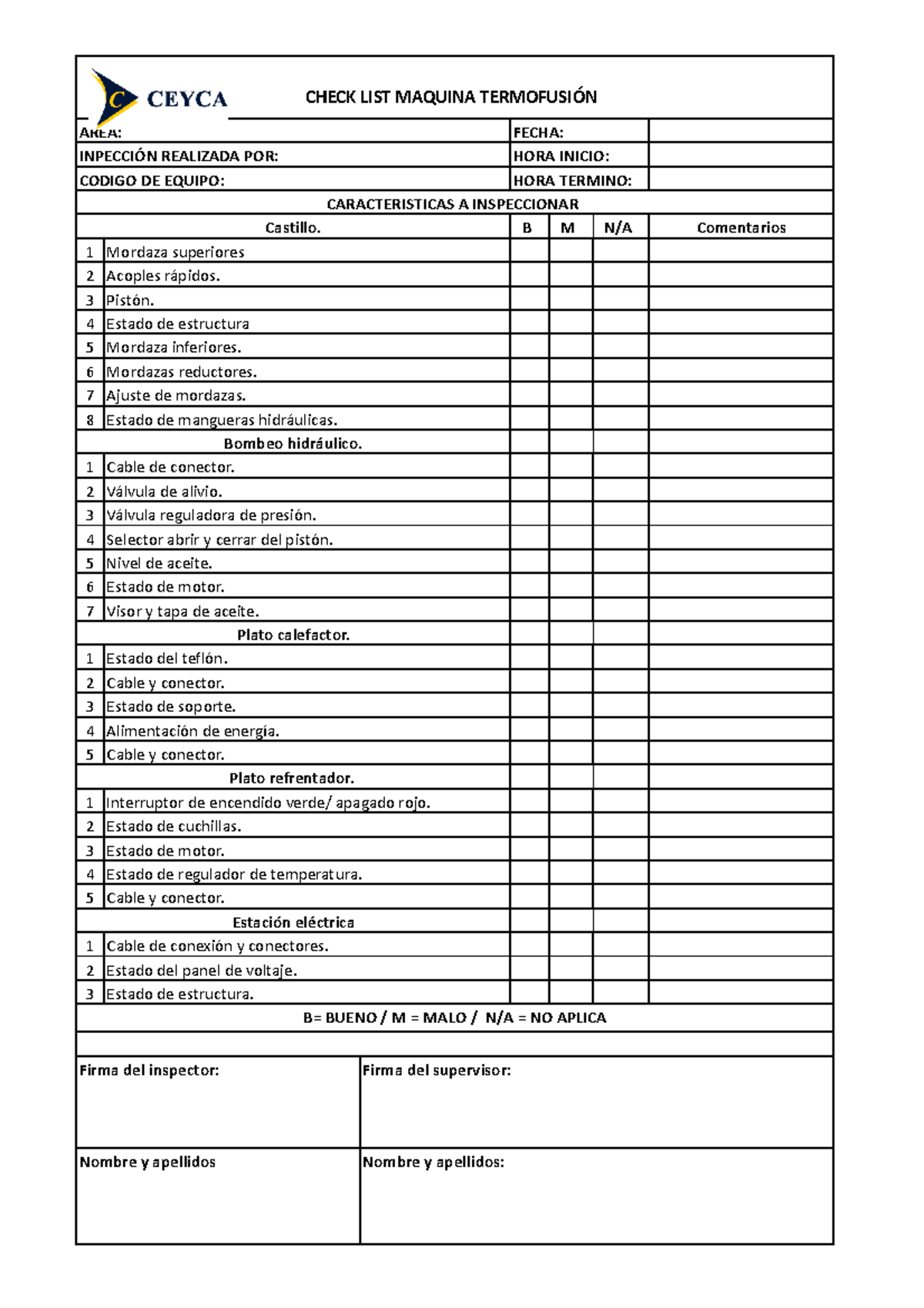 Check List de Inspección para Máquina de Termofusión Ceyca - Studocu