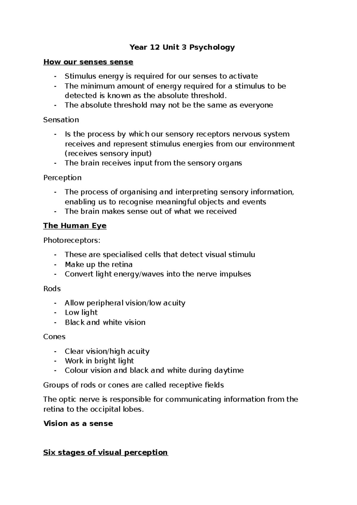 Year 12 Psychology Unit 3: Sensation and Perception Insights - Studocu
