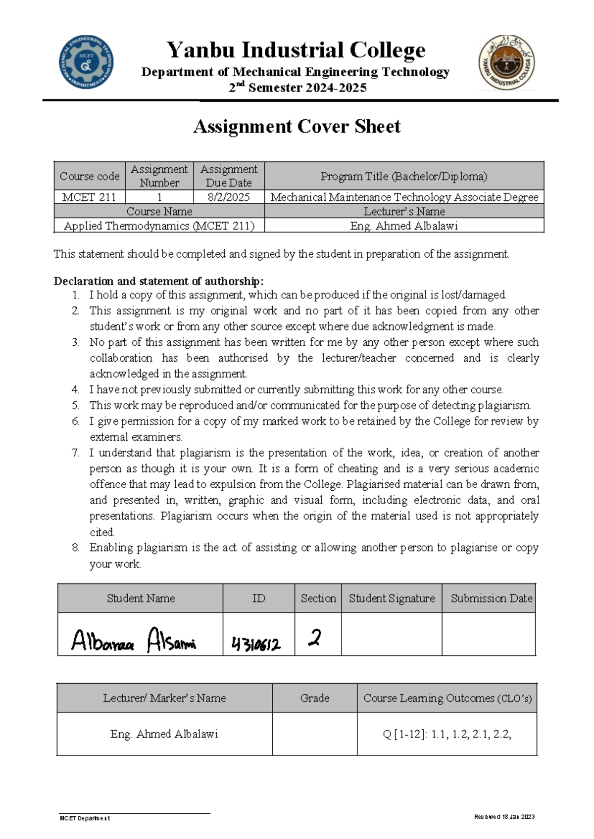 MCET 211 Applied Thermodynamics 2nd Sem Assignment Cover Sheet - Studocu