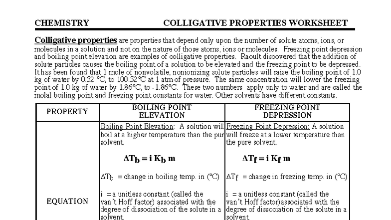 CHEM 101 Colligative Properties Worksheet with Sample Problems - Studocu