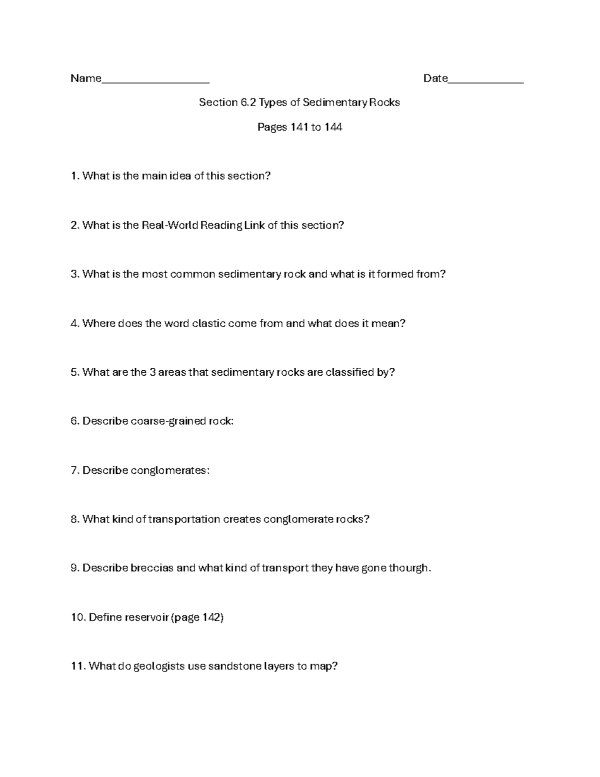 Section 6.2 Types of Sedimentary Rocks Worksheet (Pages 141-144) - Studocu