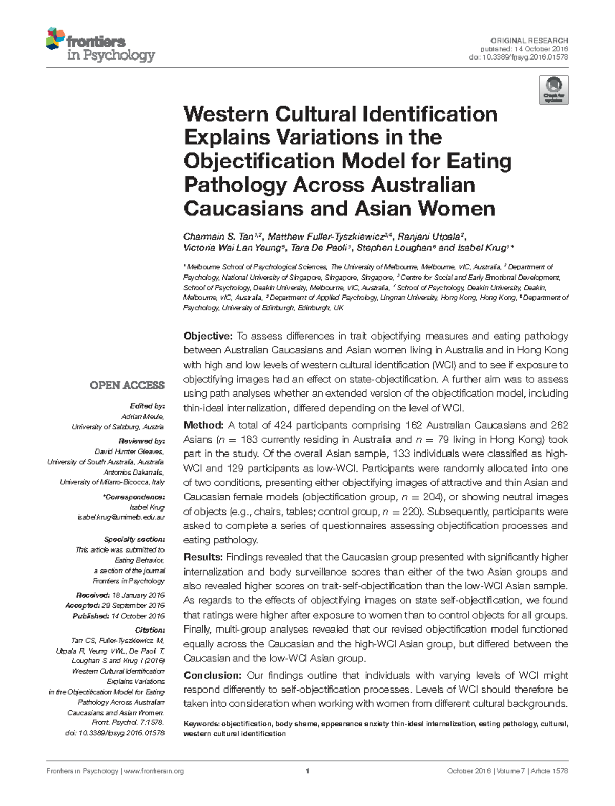 Western Cultural Identification and Eating Pathology: A Comparative ...
