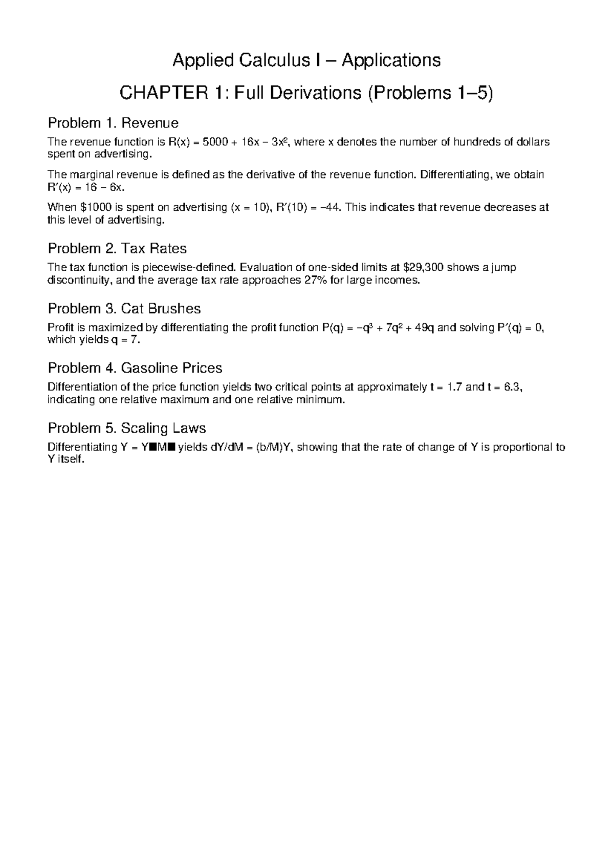 Applied Calculus I CH1: Full Derivations & Applications - Studocu