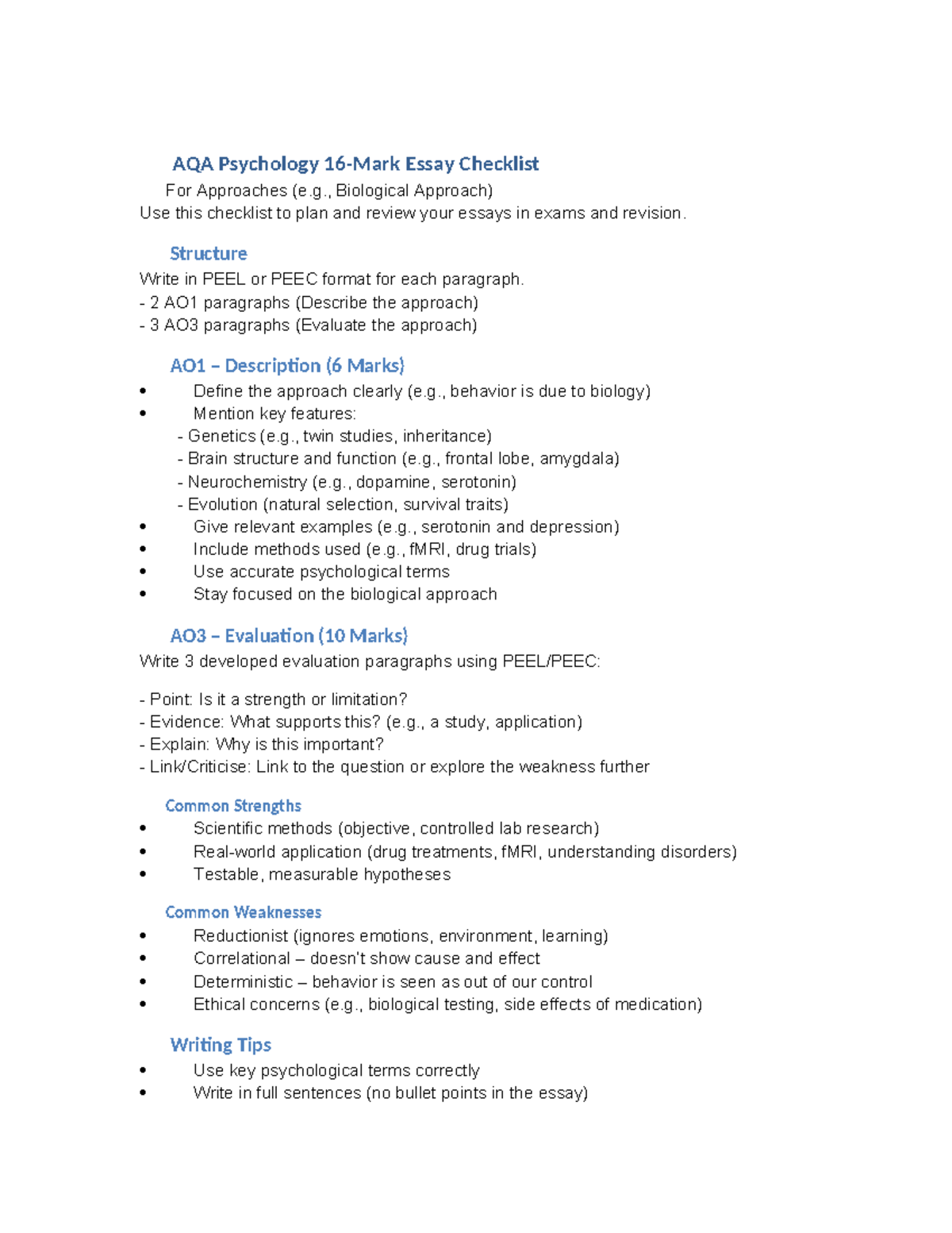 AQA Psychology 16 Mark Essay Checklist for Approaches - Studocu