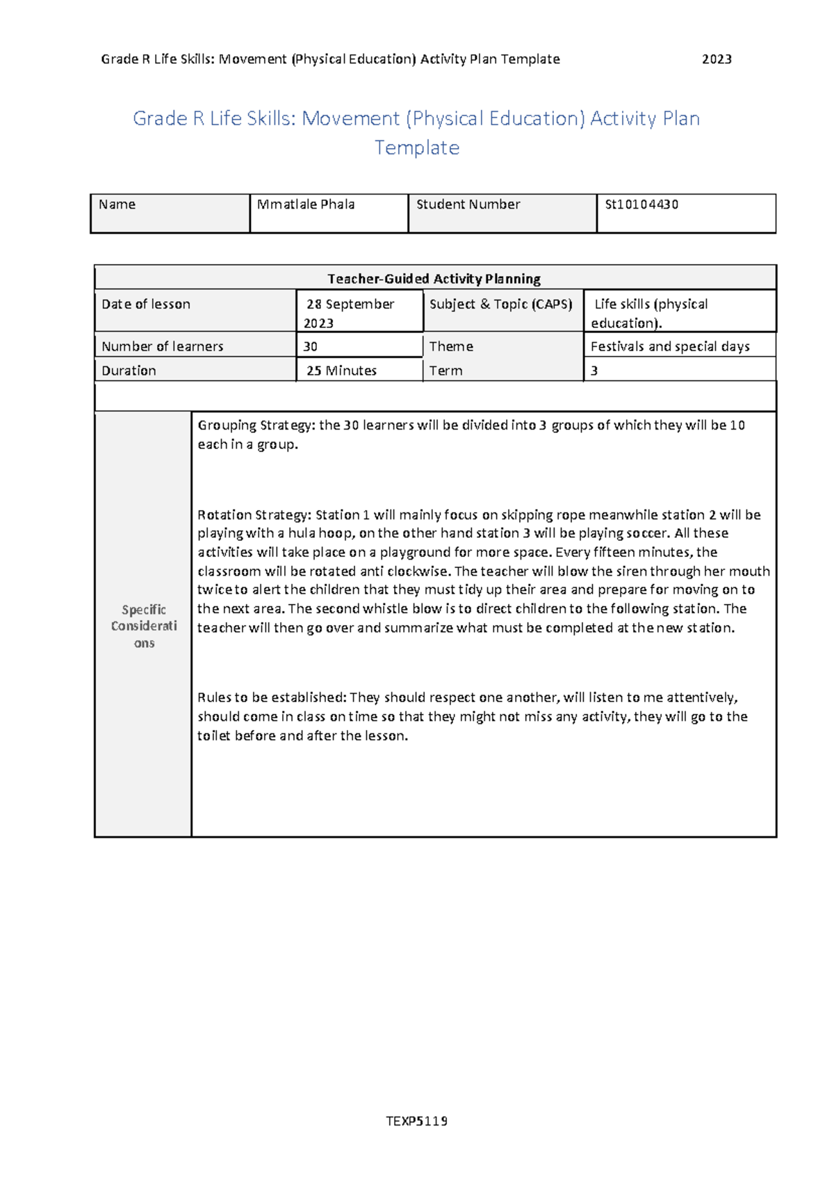 Grade R Life Skills Movement Activity Plan (M.R Phala) - Studocu