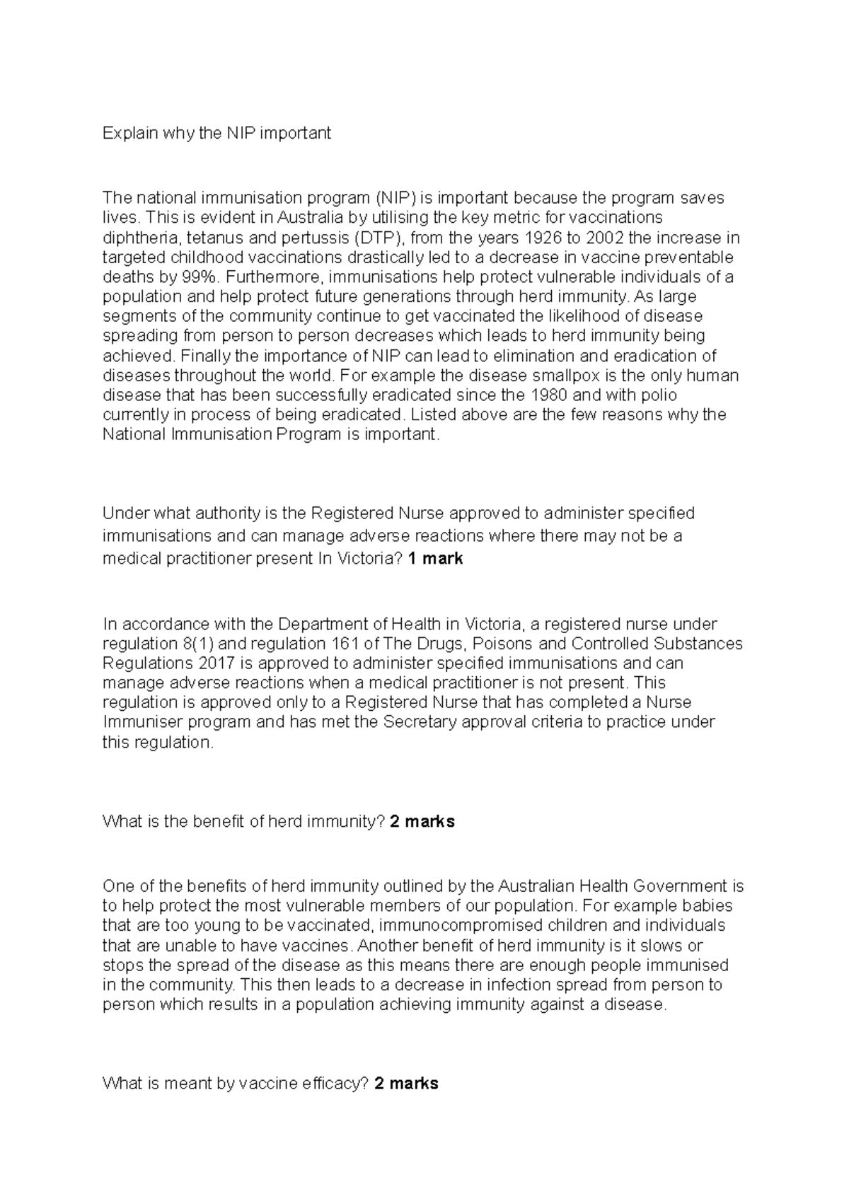 Nurse Immuniser - Assessment Regarding Immunisation - Explain why the ...