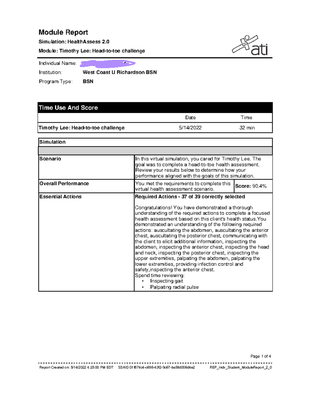 Module 101: Timothy Lee Head-to-Toe Health Assessment Report - Studocu