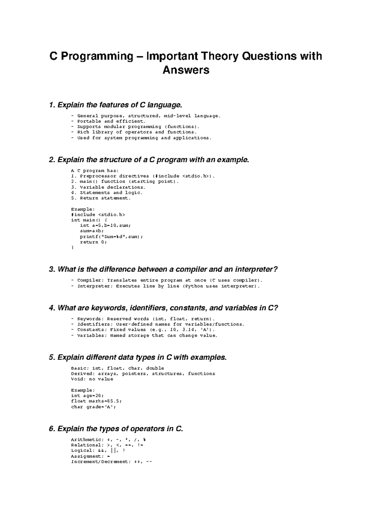 C Programming Theory Q&A: Key Concepts and Features - Studocu
