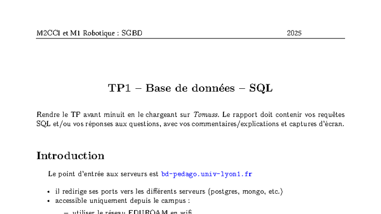 SGBD M2CCI TP1 : Base de Données SQL 2025 - Instructions et Exemples - Studocu