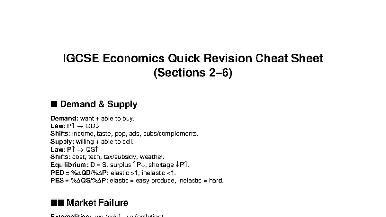 IGCSE Economics Quick Revision Cheat Sheet: Key Concepts & Terms - Studocu