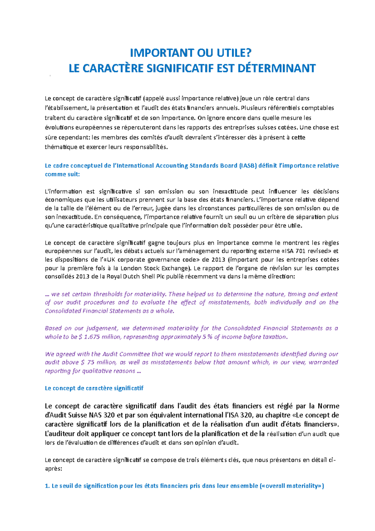 Guide sur le seuil de signification en audit des états financiers - Studocu