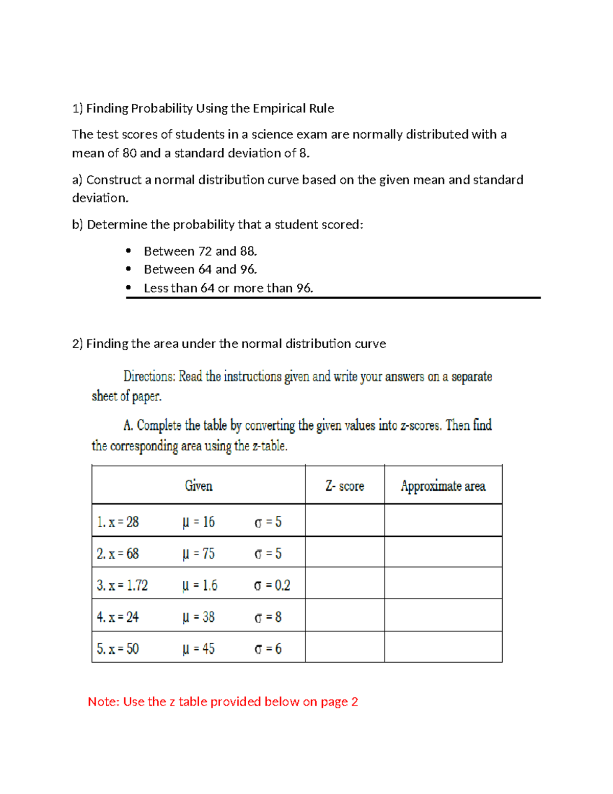 Assignment 4 construct normal distribution curve and find the ...