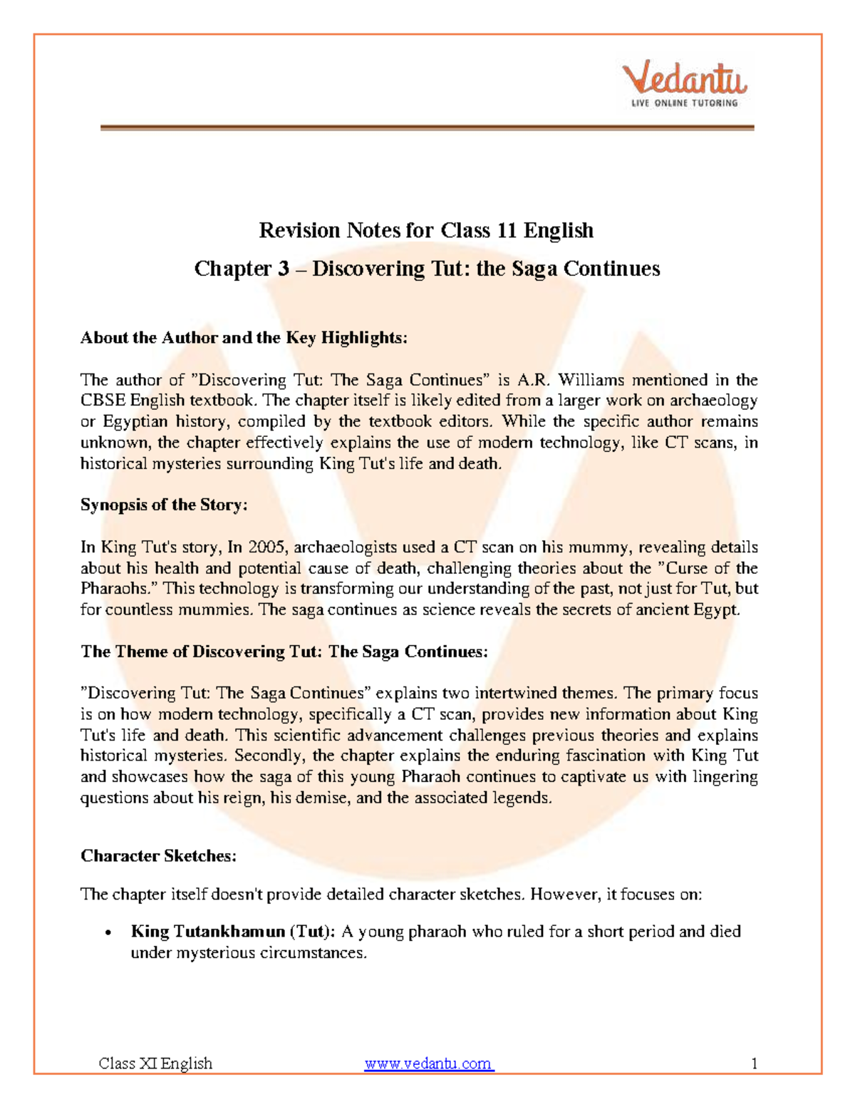 CBSE English Chapter 3 Discovering Tut the Saga Continues Notes - PDF ...