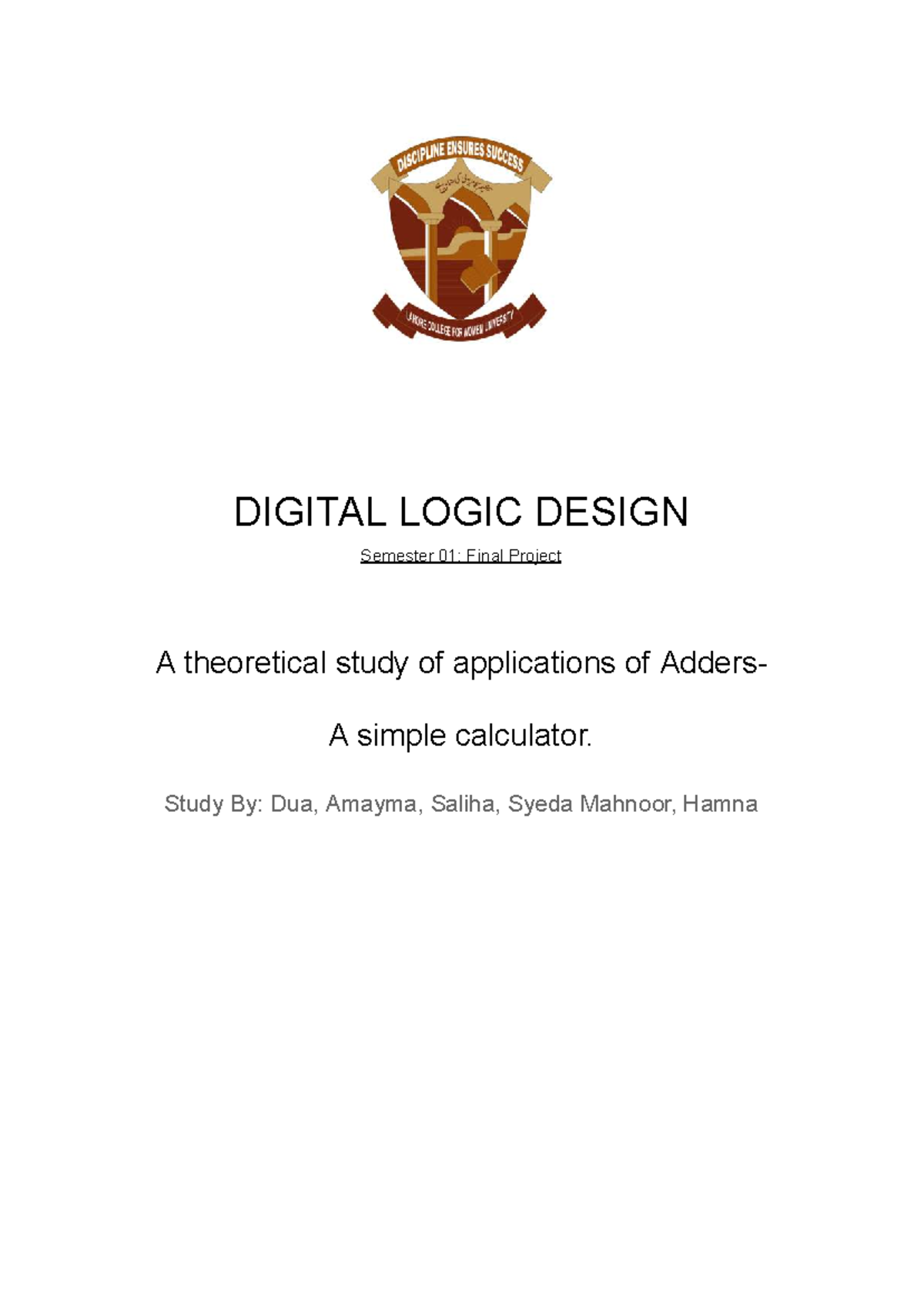DLD Semester 01: Final Project on Simple Calculator Using Full Adders ...