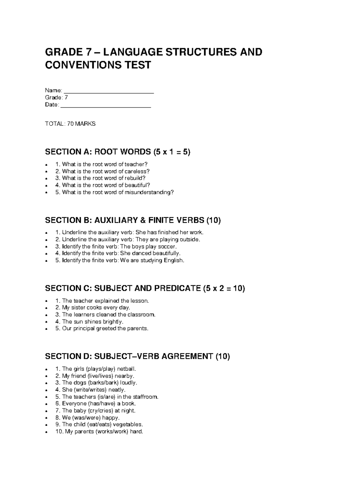 GRADE 7 LANGUAGE STRUCTURES ASSESSMENT WITH MEMO - Studocu