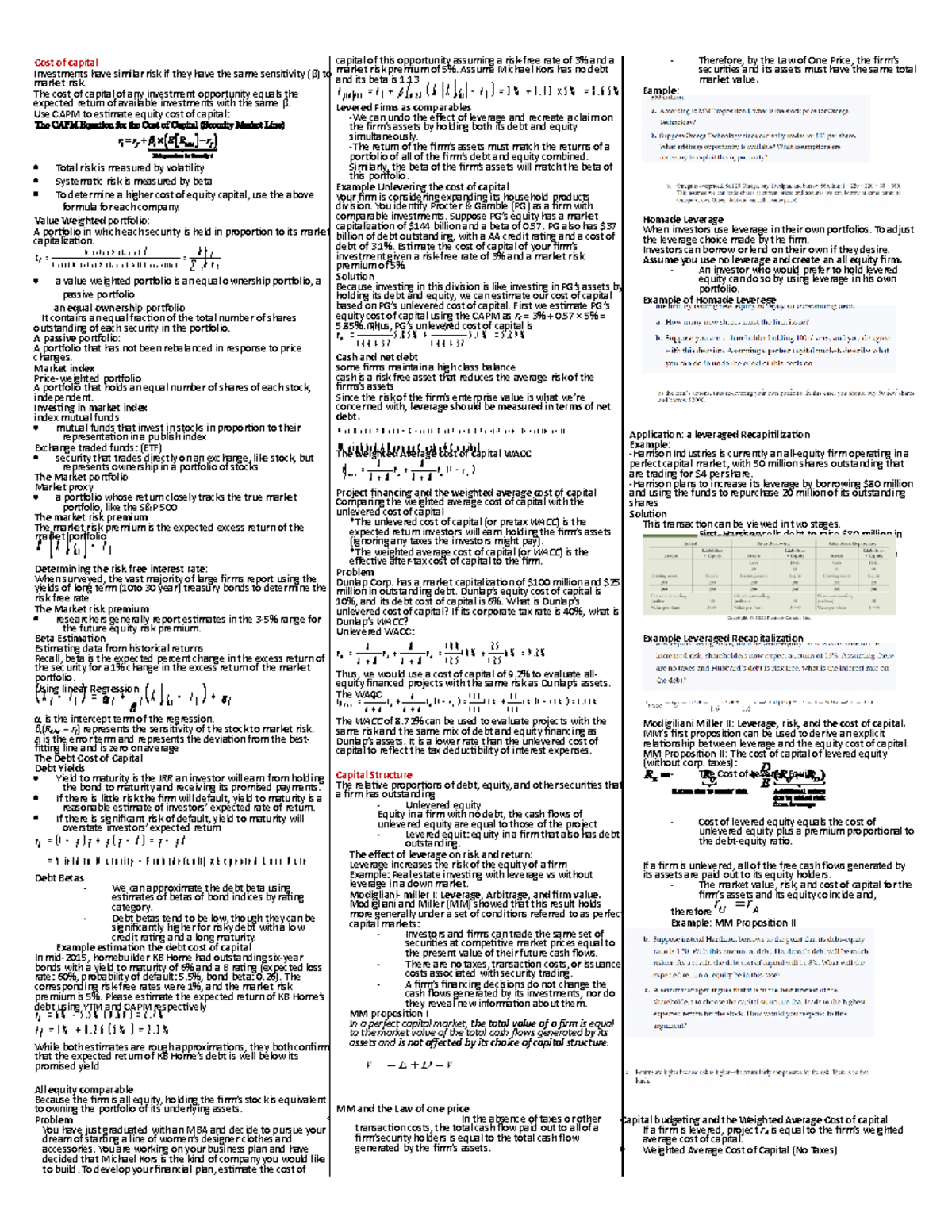 Cheatsheet - final exam cheat sheet - Cost of capital Investments have similar risk if they have ...