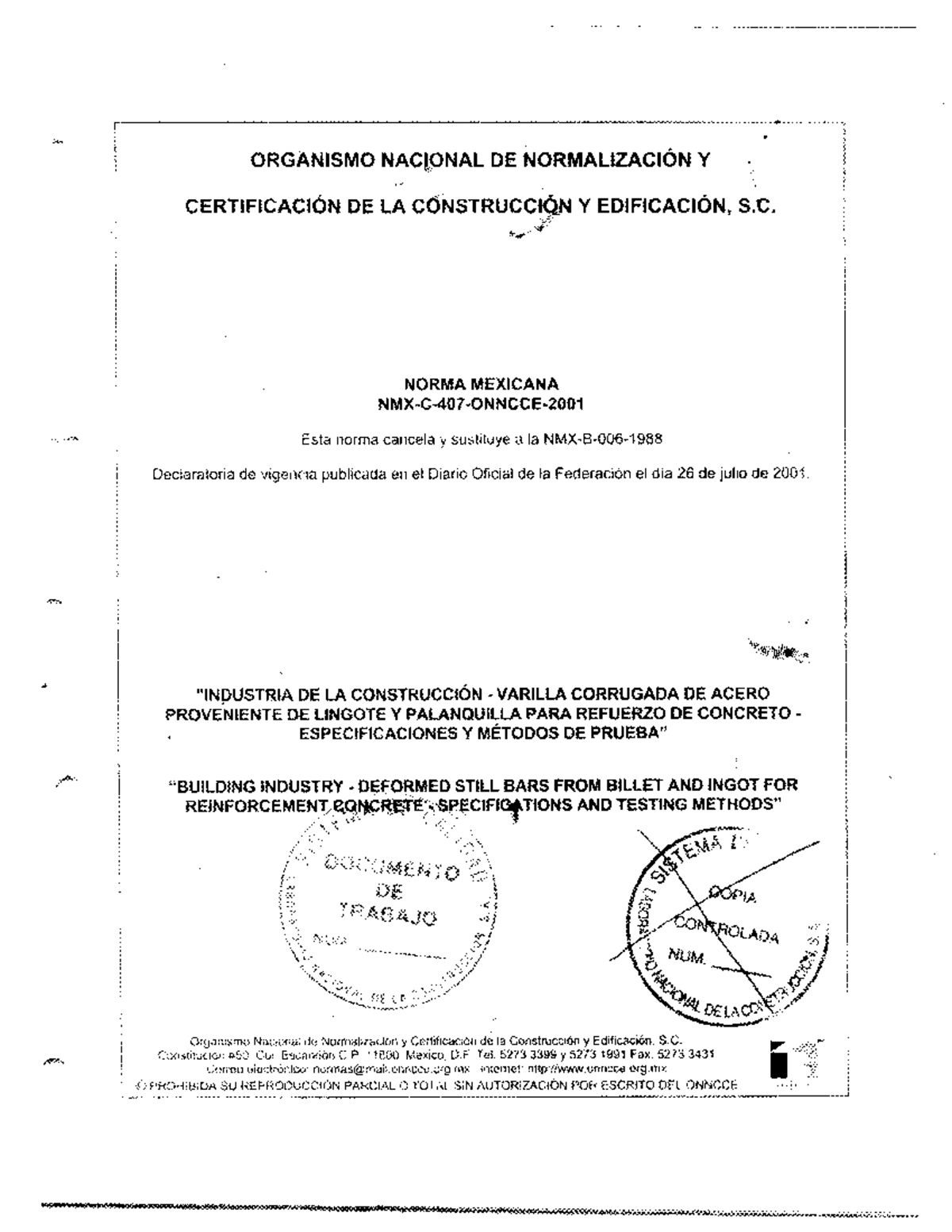 Norma NMX-C-407-ONCCE-2001: Estándares de Acero en México - Studocu