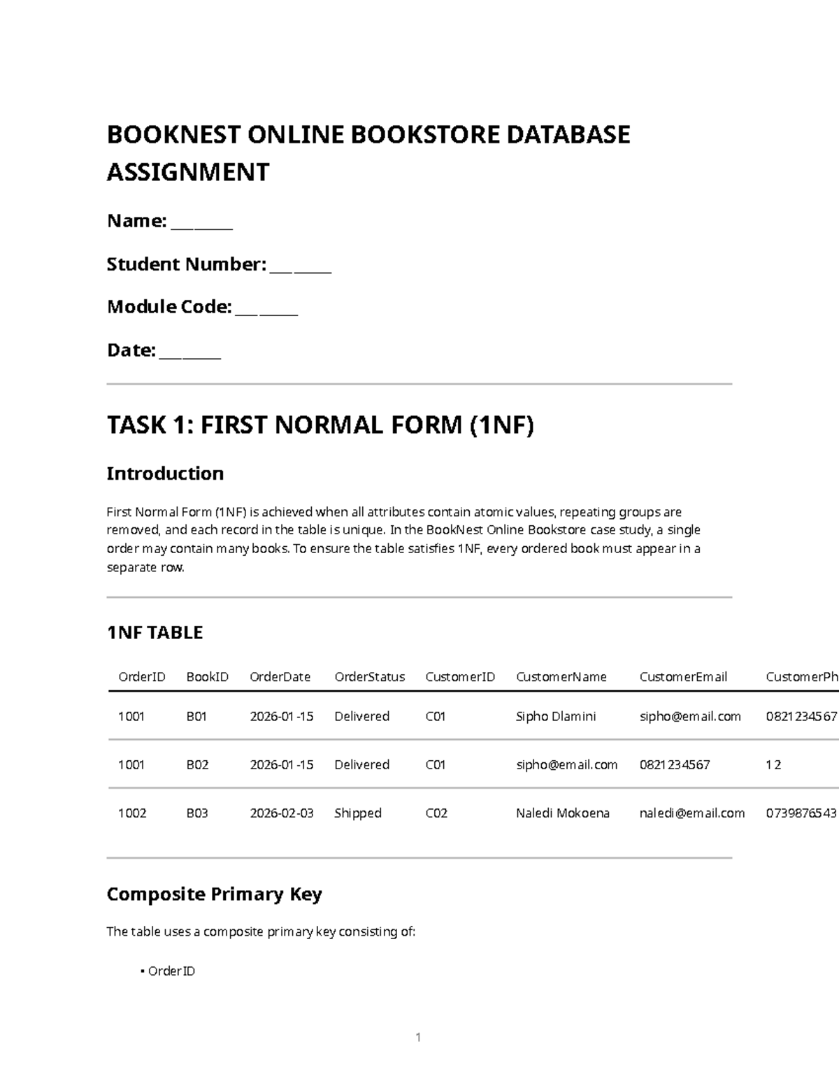 BOOKNEST ONLINE BOOKSTORE DATABASE ASSIGNMENT (1NF, 2NF, 3NF) - Studocu