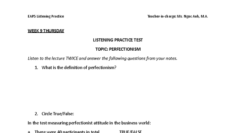 EAP5 Week 9 Listening Practice: Perfectionism Test Worksheet - Studocu