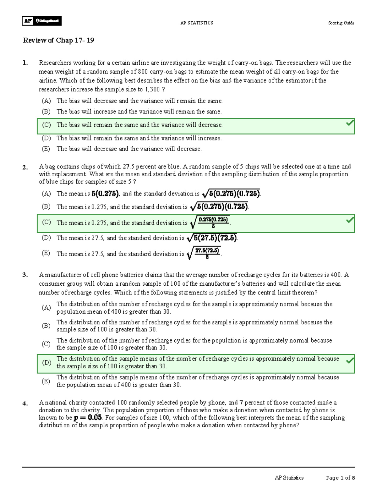 AP STATISTICS Scoring Guide: Review of Confidence Intervals ...