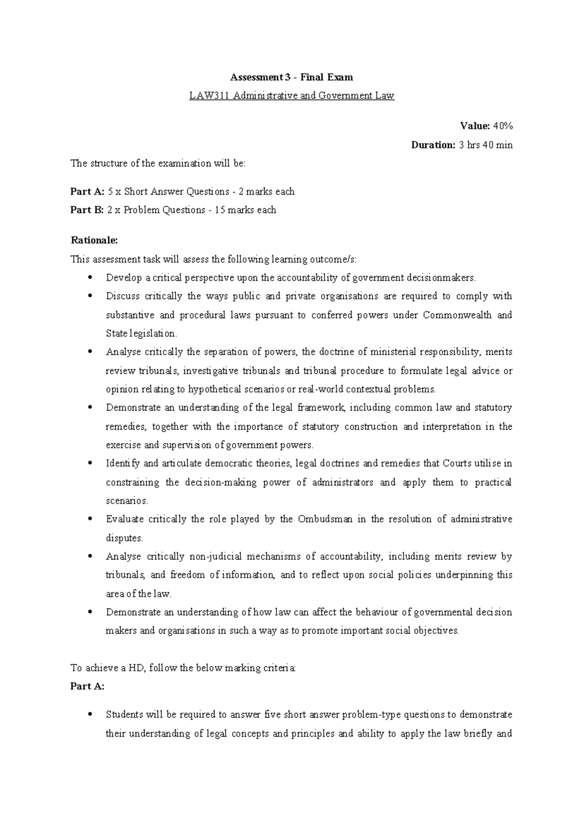 LAW311 Final Exam Assessment 3 Guidelines for HD Achievement - Studocu
