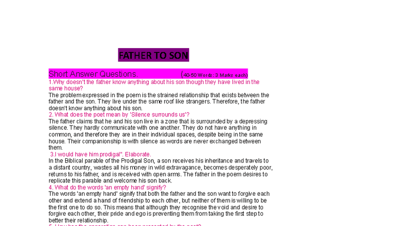 FATHER TO SON: Short Answer & Long Answer Questions Analysis - Studocu