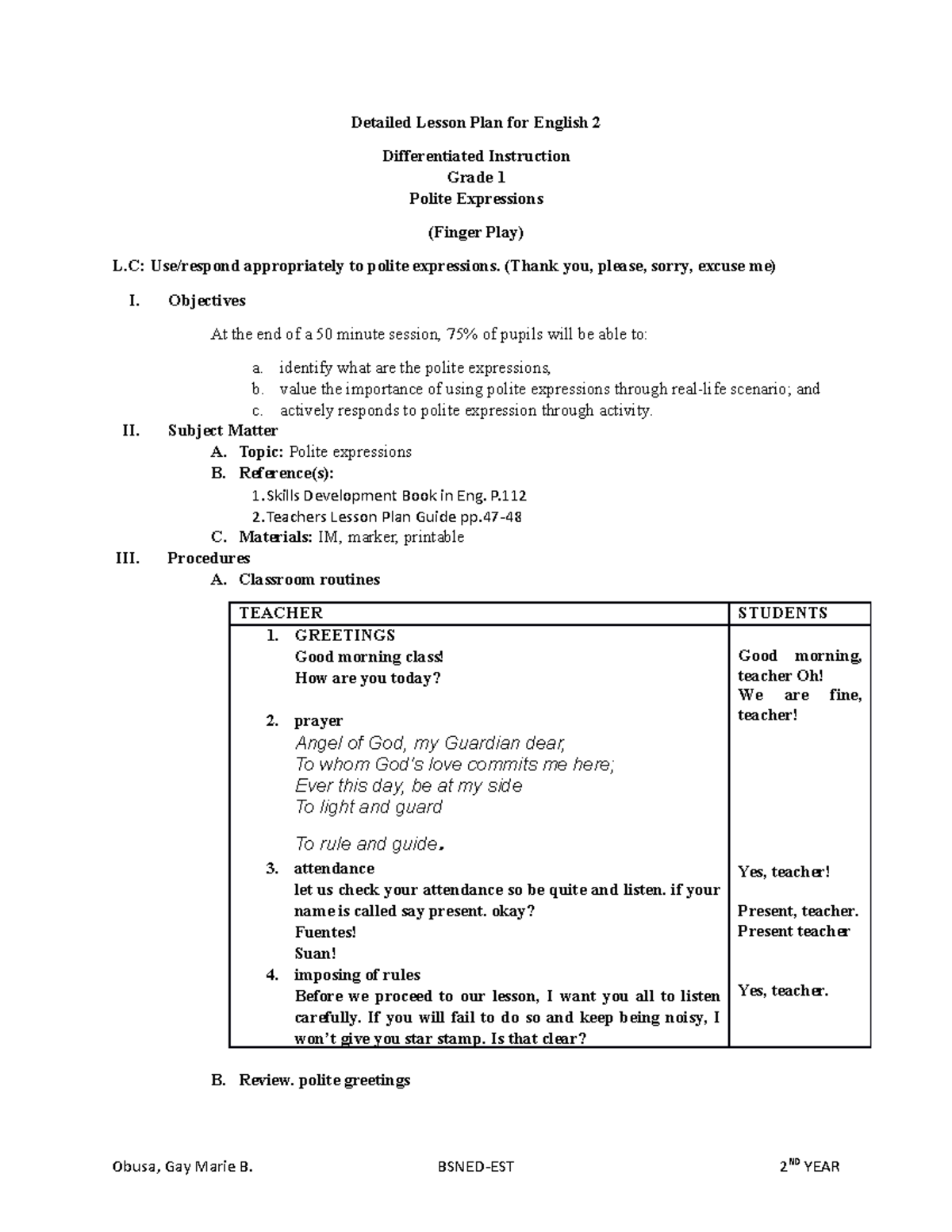 Differentiated Lesson Plan for Eng 2: Polite Expressions in Grade 1 ...
