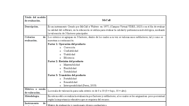 Modelo de Evaluación McCall: Análisis y Metodología - Studocu
