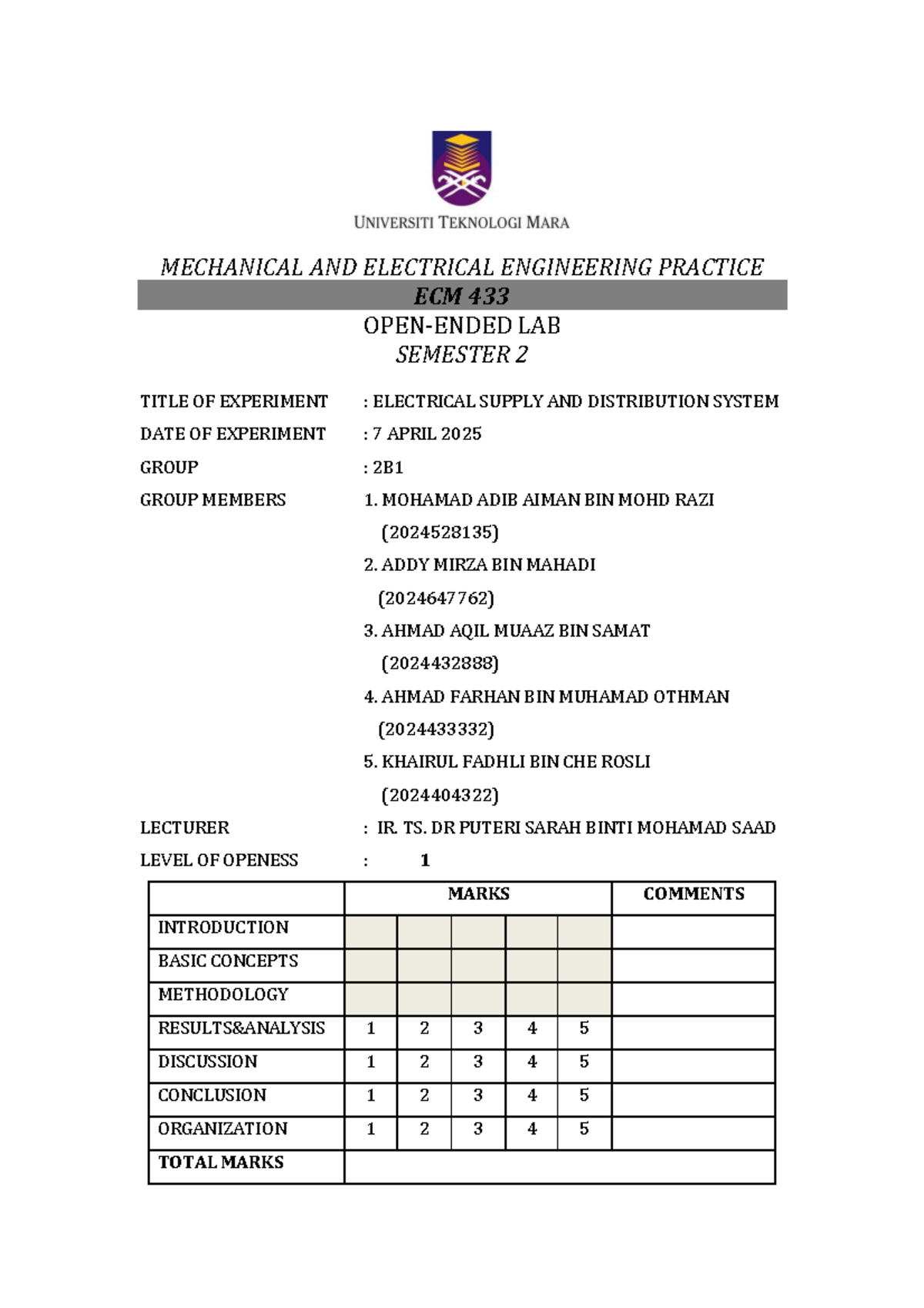 LAB REPORT 1: ELECTRICAL SUPPLY & DISTRIBUTION SYSTEM ECM 433 - Studocu