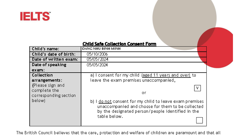 IELTS Child Safe Collection Consent Form 21 - DANG NHU BINH MINH - Studocu